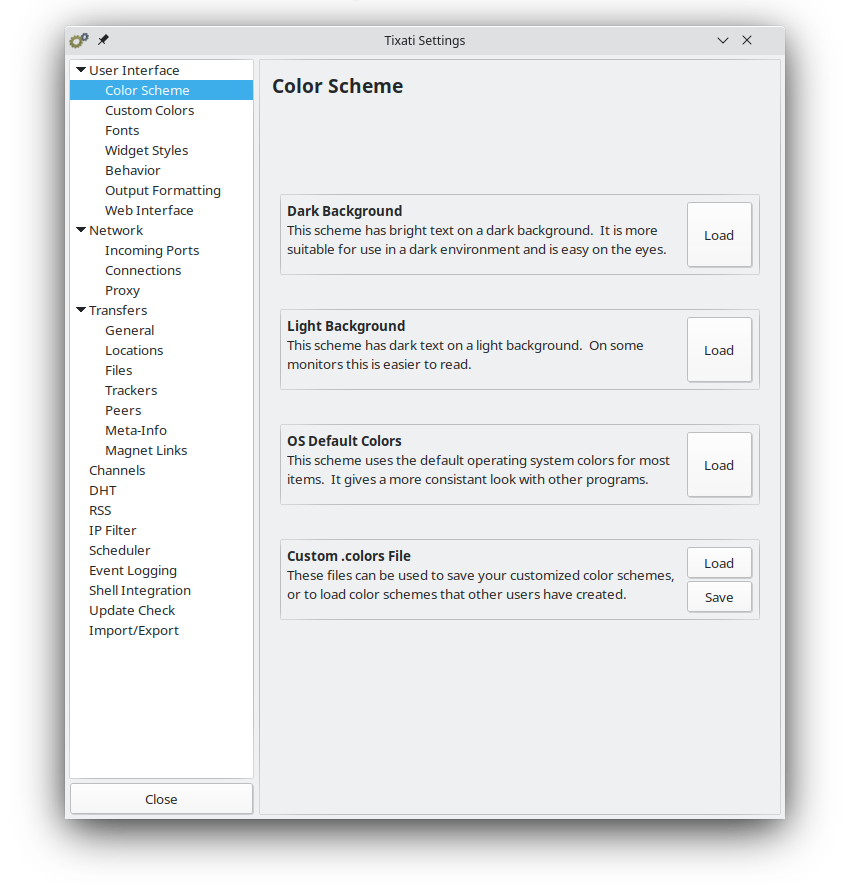 Settings - User Interface - Color Scheme - Tixati